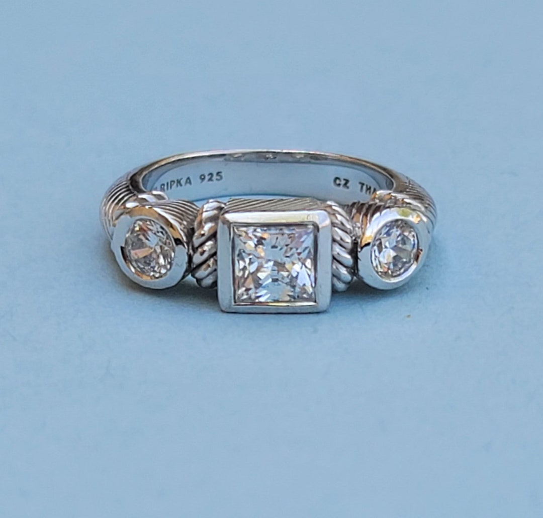 Judith Ripka 3 Stone CZ Cubic Zirconia 925 Sterling Silver Band Ring Size 6. Princess and Round ...