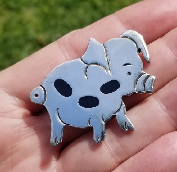 Taxco Sterling Silver Pig Pin with Black Enamel Spots… - Gem