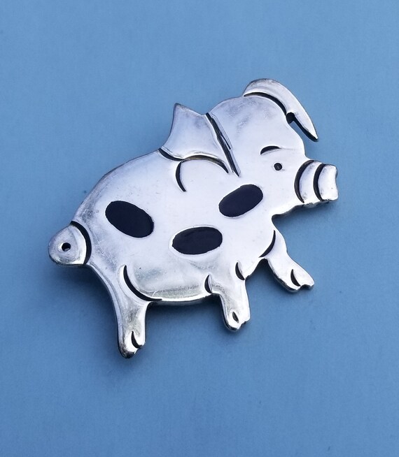 Taxco Sterling Silver Pig Pin with Black Enamel Spots… - Gem