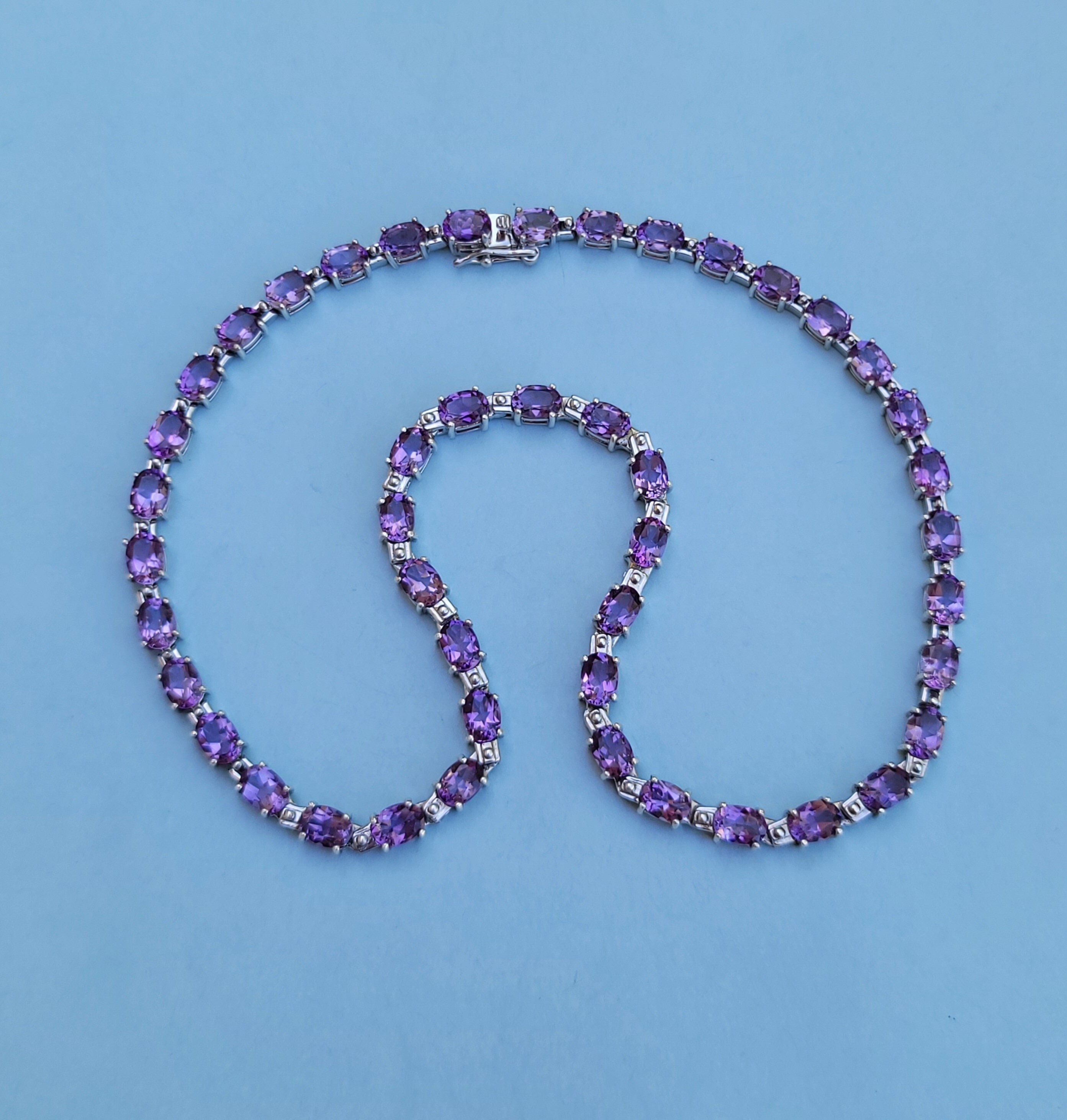Amethyst 925 Sterling Silver Necklace 17.25 Inches Long. Faceted Amethyst 925 Sterling Silver Tennis Line Continuous Necklace