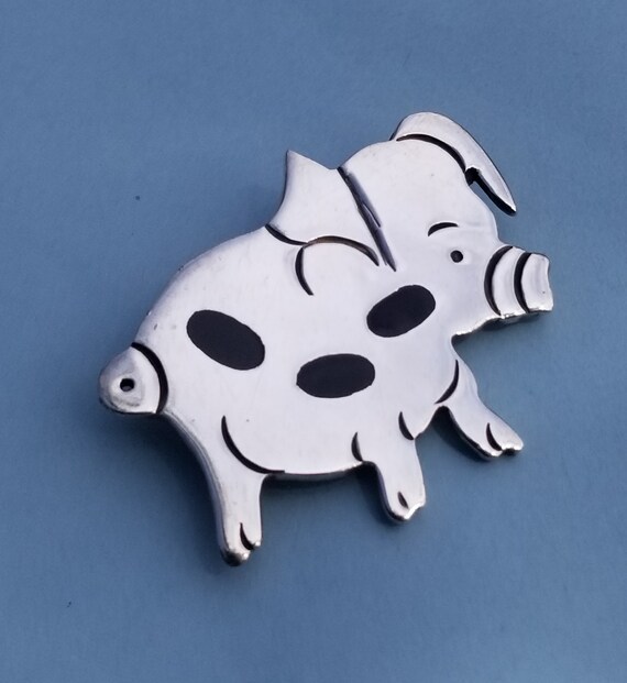 Taxco Sterling Silver Pig Pin with Black Enamel Spots… - Gem