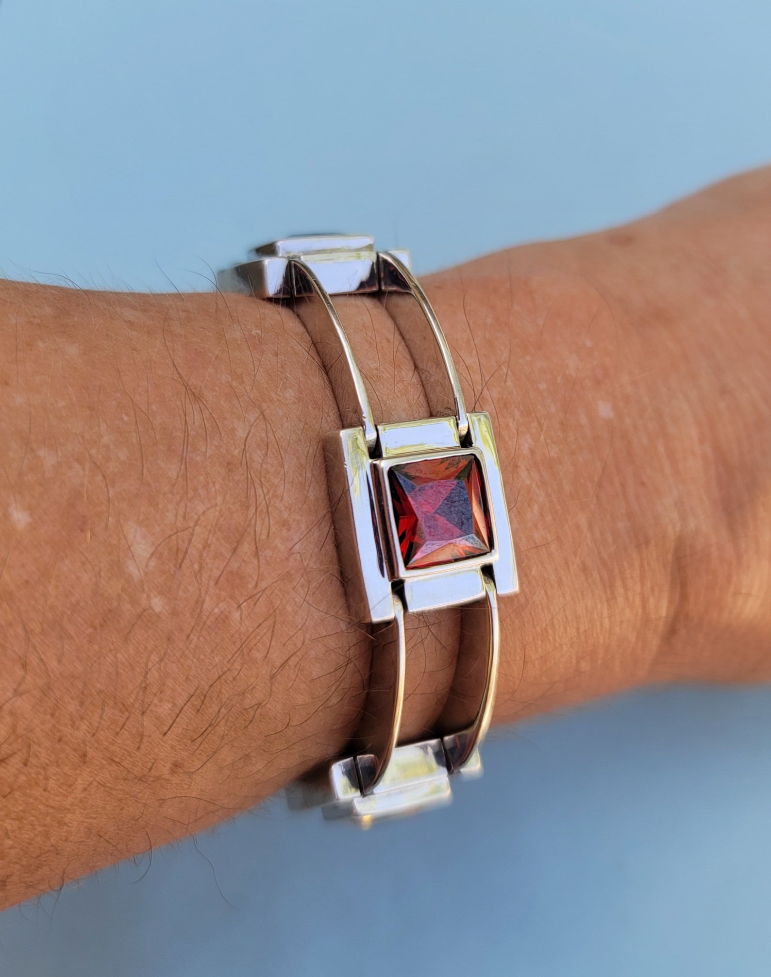 61.32 Grams Very Heavy Square Geometric Modernist Link Colored CZ 925 ...