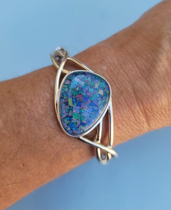 Australian Opal Chip Inlay 925 Sterling Silver Cuff B… - Gem