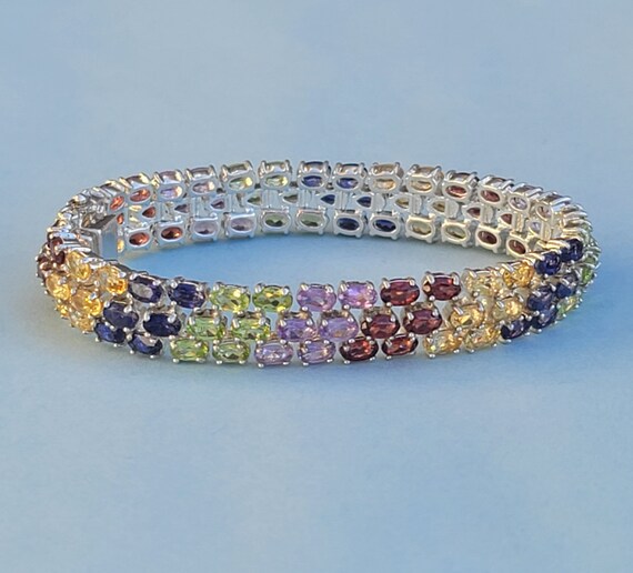 Multi Gemstone Triple Row 925 Sterling Silver Bracele… - Gem