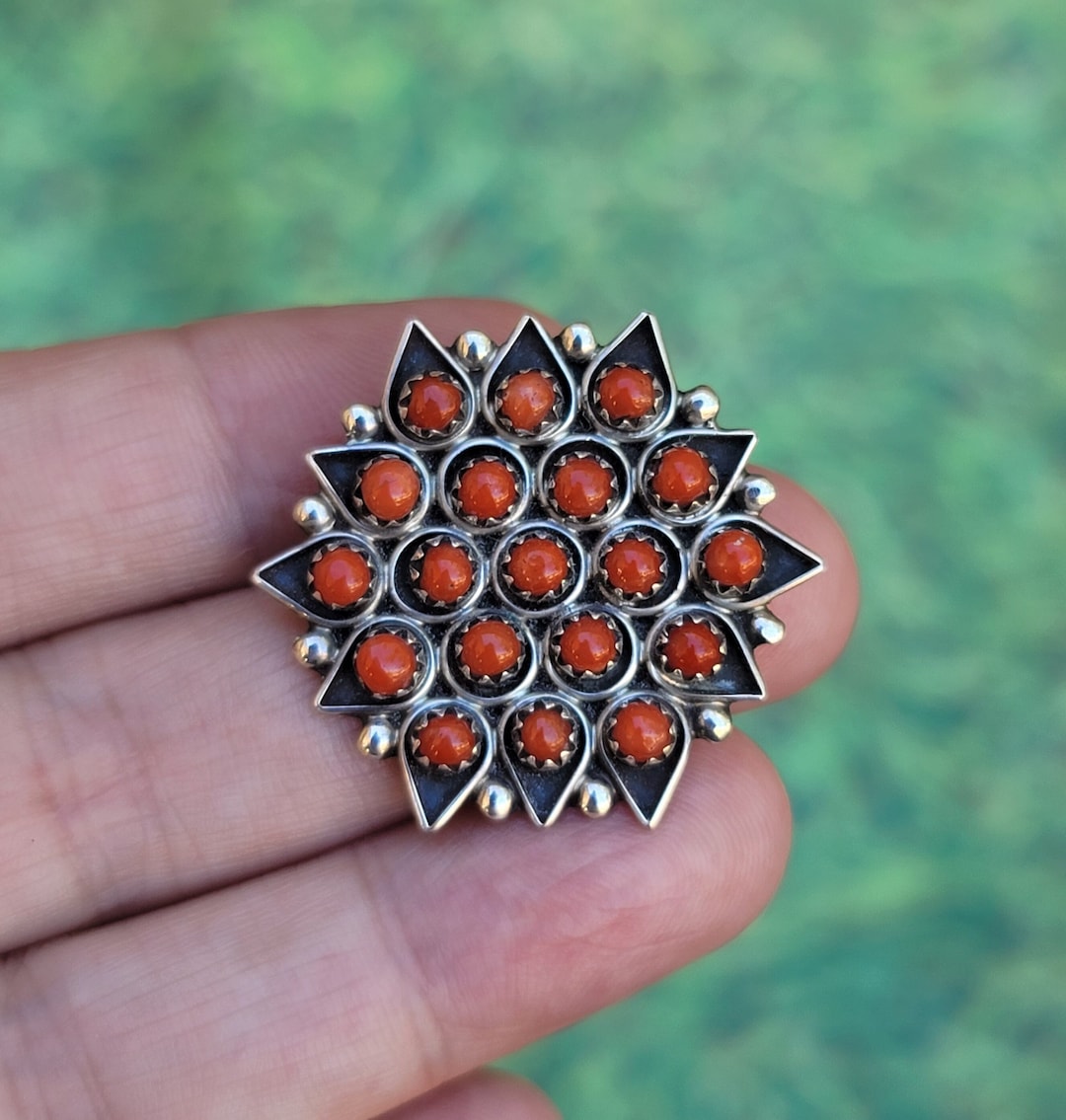Native American Red Coral Snake Eyes 925 Sterling Silver Pin Pendant ...