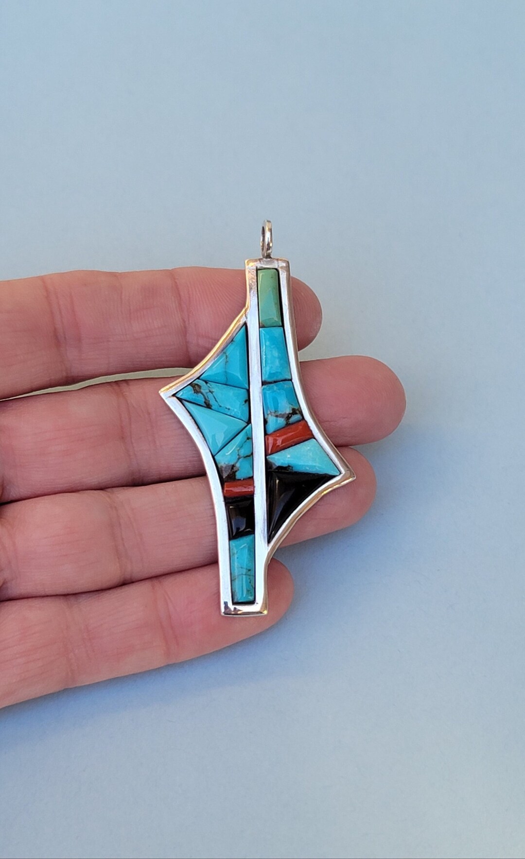 Native American Turquoise, Red Coral, Black Jet Cobblestone Inlay 925 ...