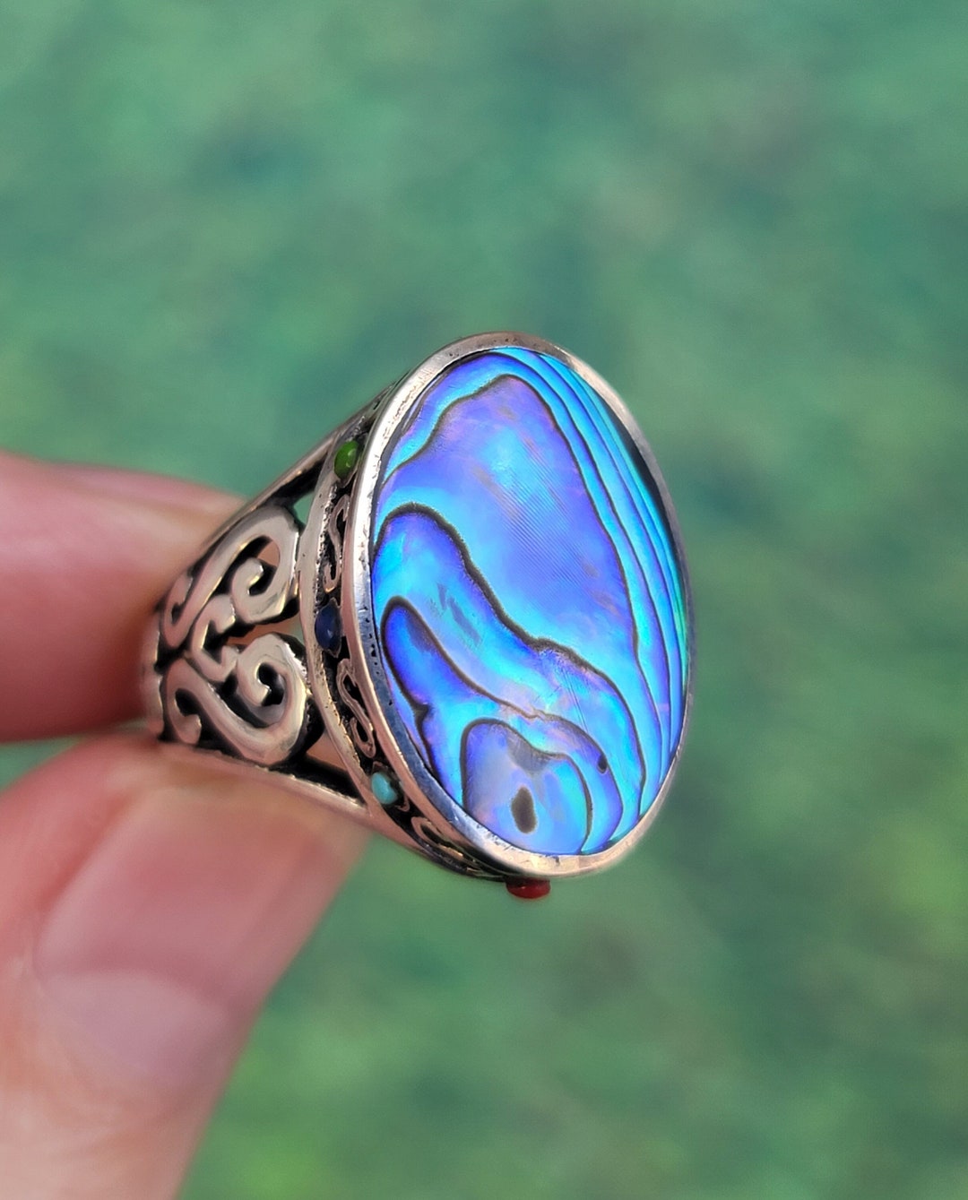 Abalone and Multi Stone Cabochon Dots 925 Sterling Silver Ring Size 5 1 ...