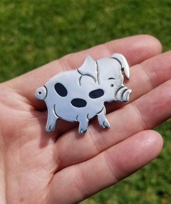 Taxco Sterling Silver Pig Pin with Black Enamel Spots… - Gem