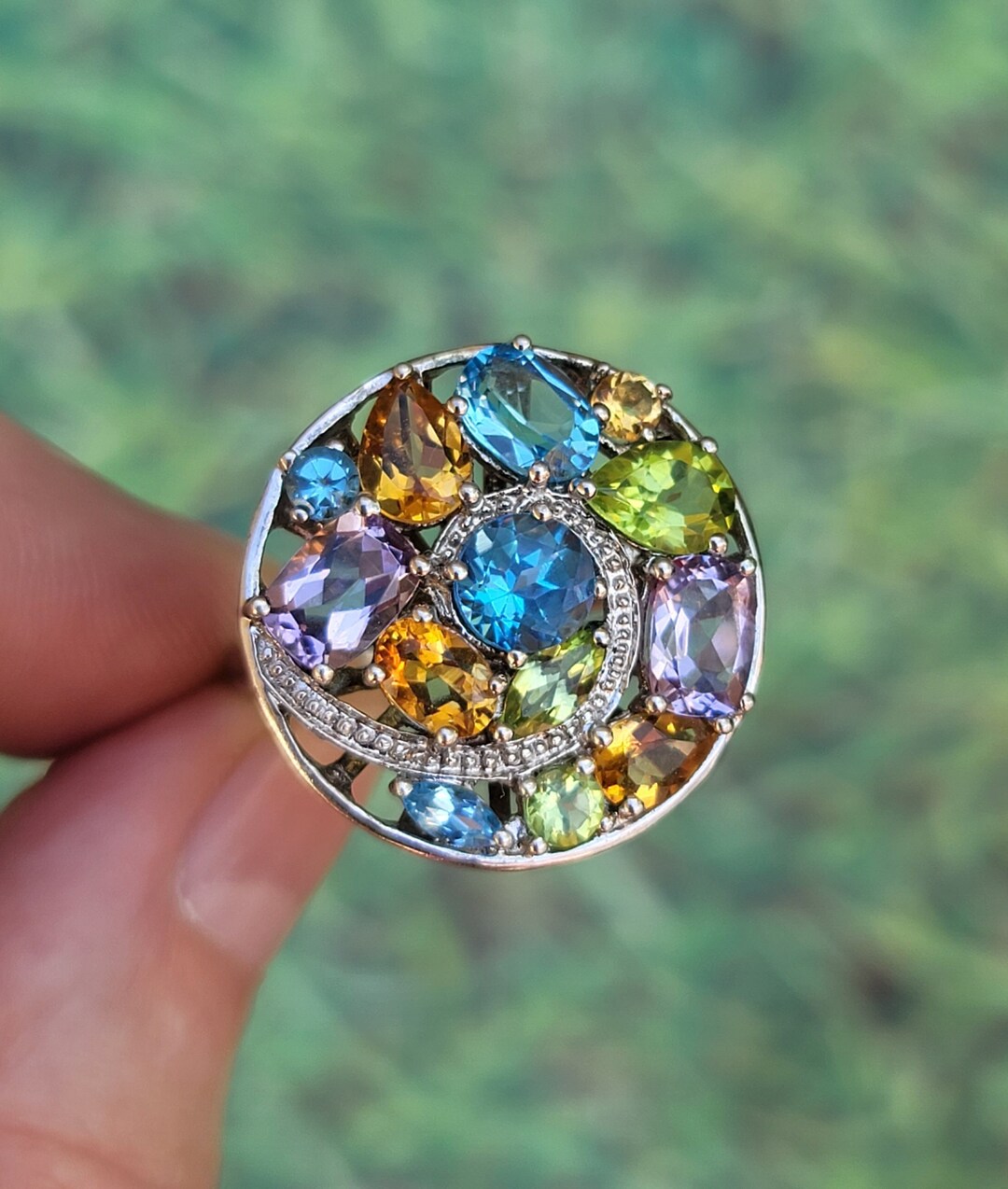 Chuck Clemency Multi Gemstone Swirl 925 Sterling Silver Round Cocktail ...