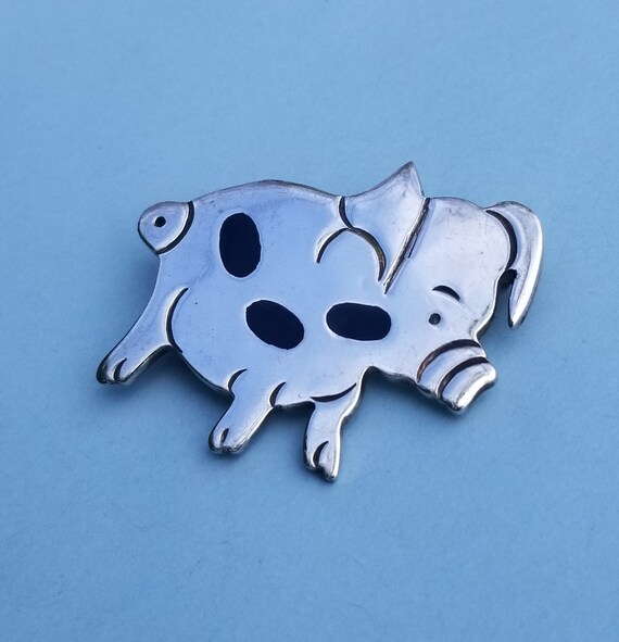 Taxco Sterling Silver Pig Pin with Black Enamel Spots… - Gem