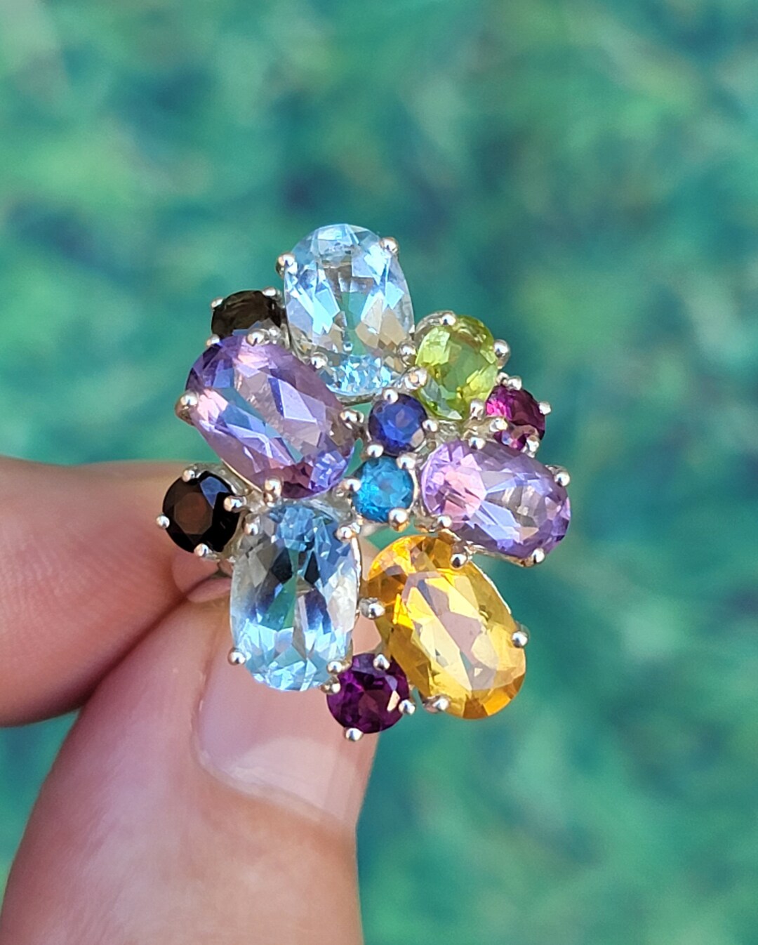 Multi Gemstone Spray 925 Sterling Silver Cocktail Ring Size 6. Large ...