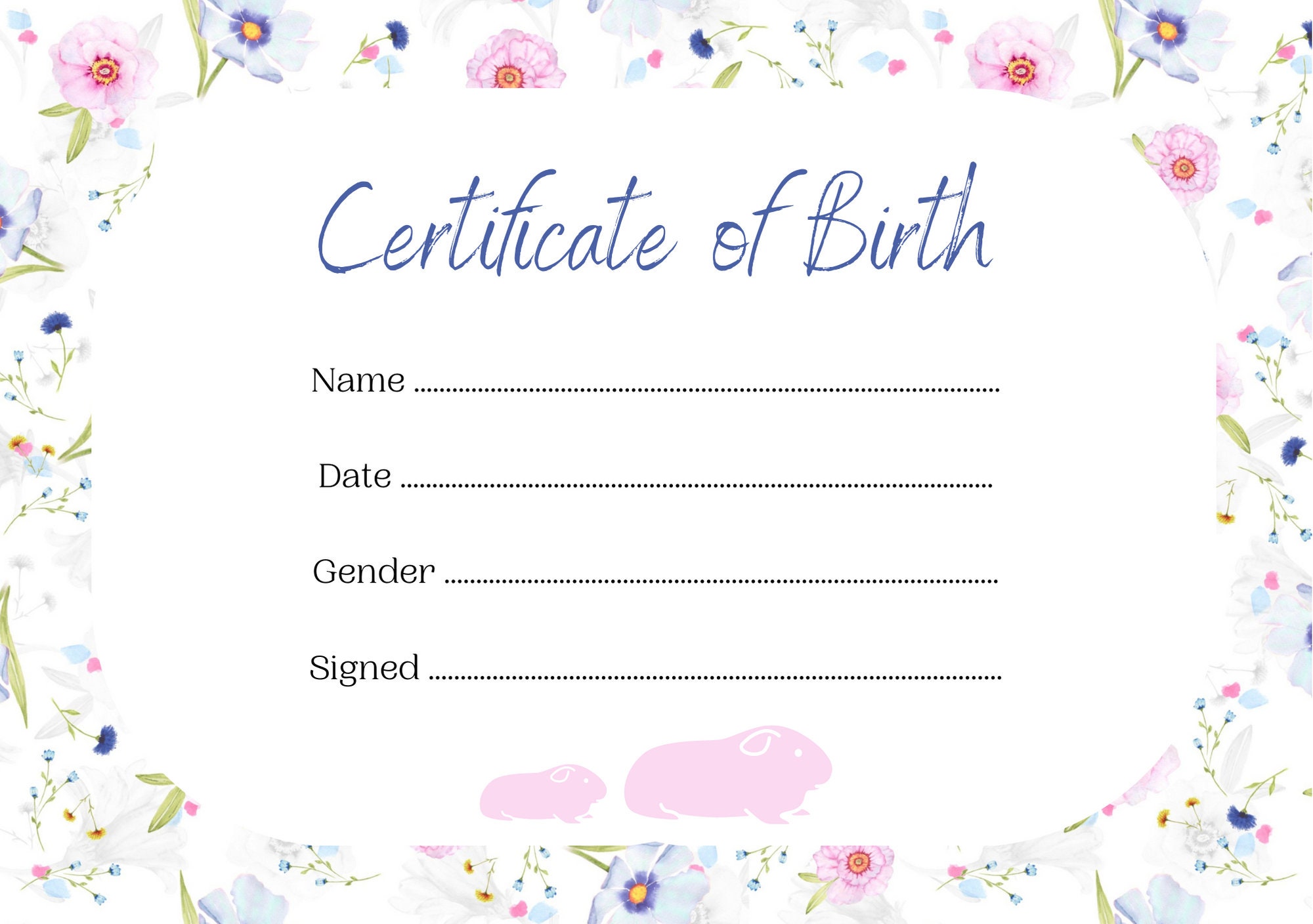 Guinea Pig Birth Certificate Printable PDF A4 Download Instant Print at ...