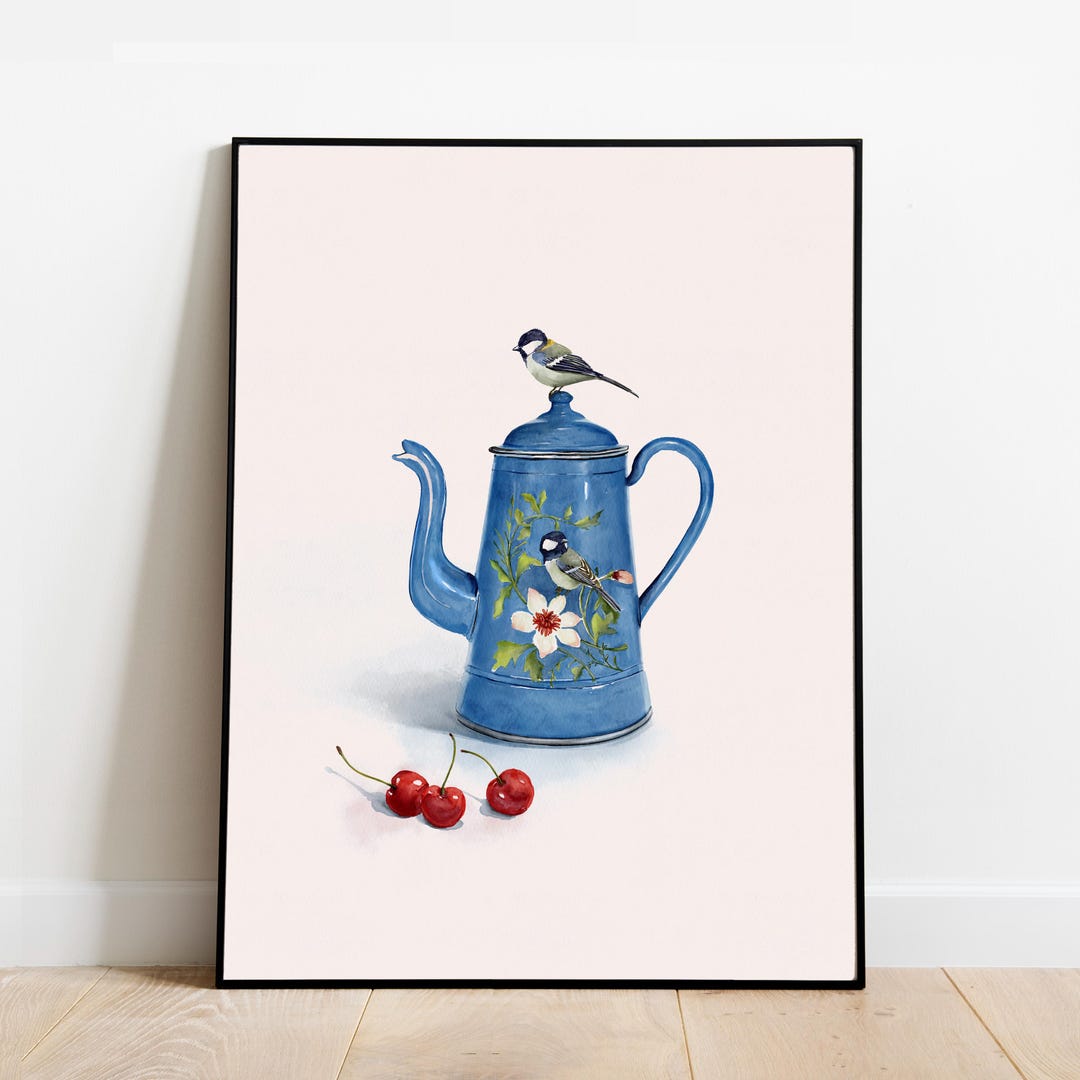 Japanese Bird Kettle Art Print: Blue Tea Pot, Cherry Blossom (digital ...