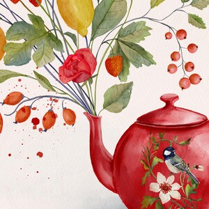 Tea Pot, Tea Kettle, Botanical Art, Tea Flavor, Eclectic, Gift Idea ...