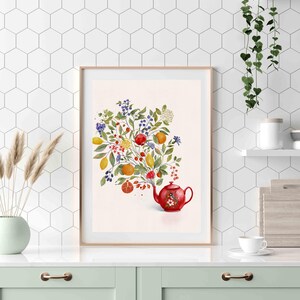 Tea Pot, Tea Kettle, Botanical Art, Tea Flavor, Eclectic, Gift Idea ...