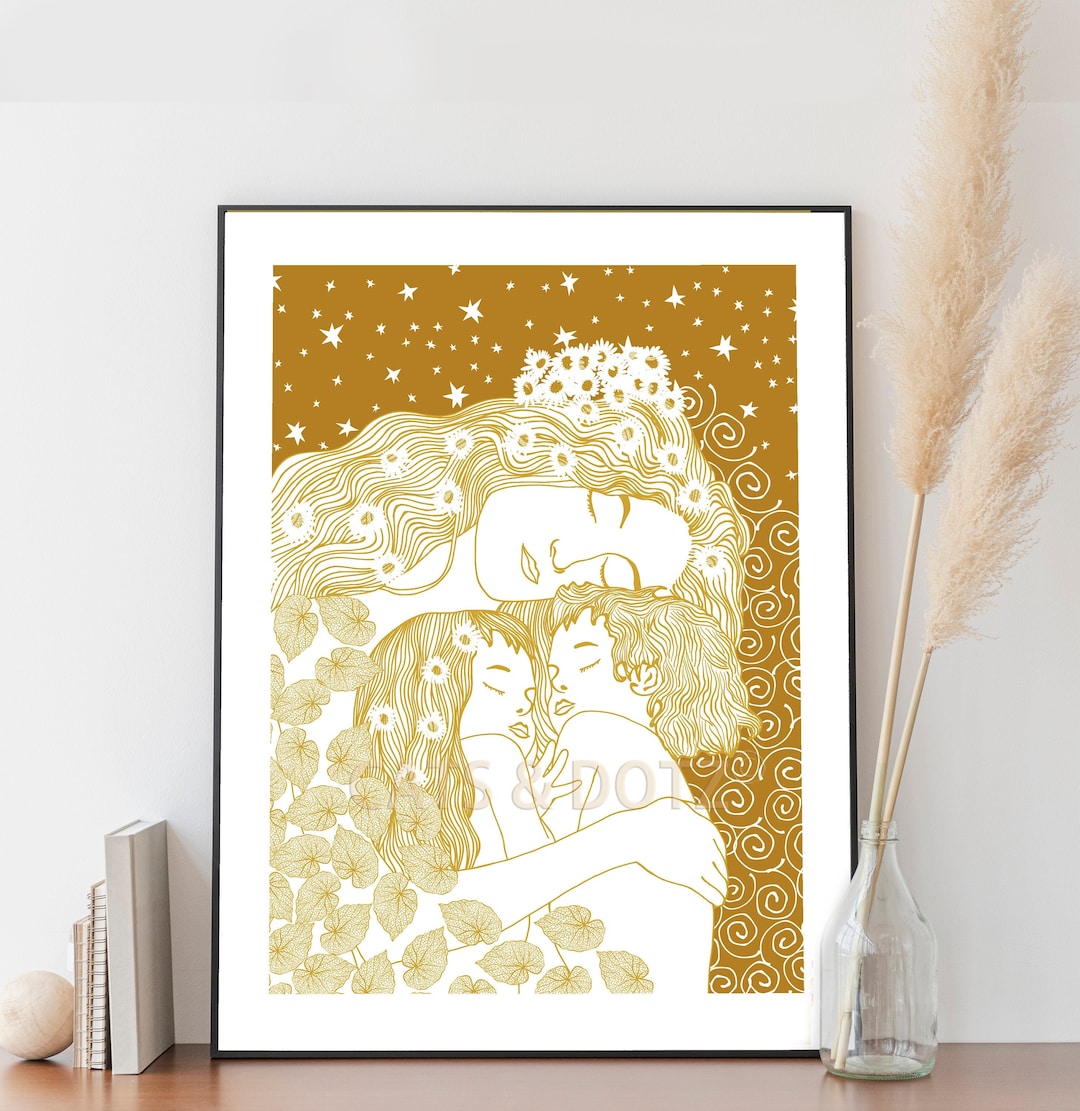 Mother and Child Line Art Print, Klimt Inspired, Nursery Decor, Mother ...