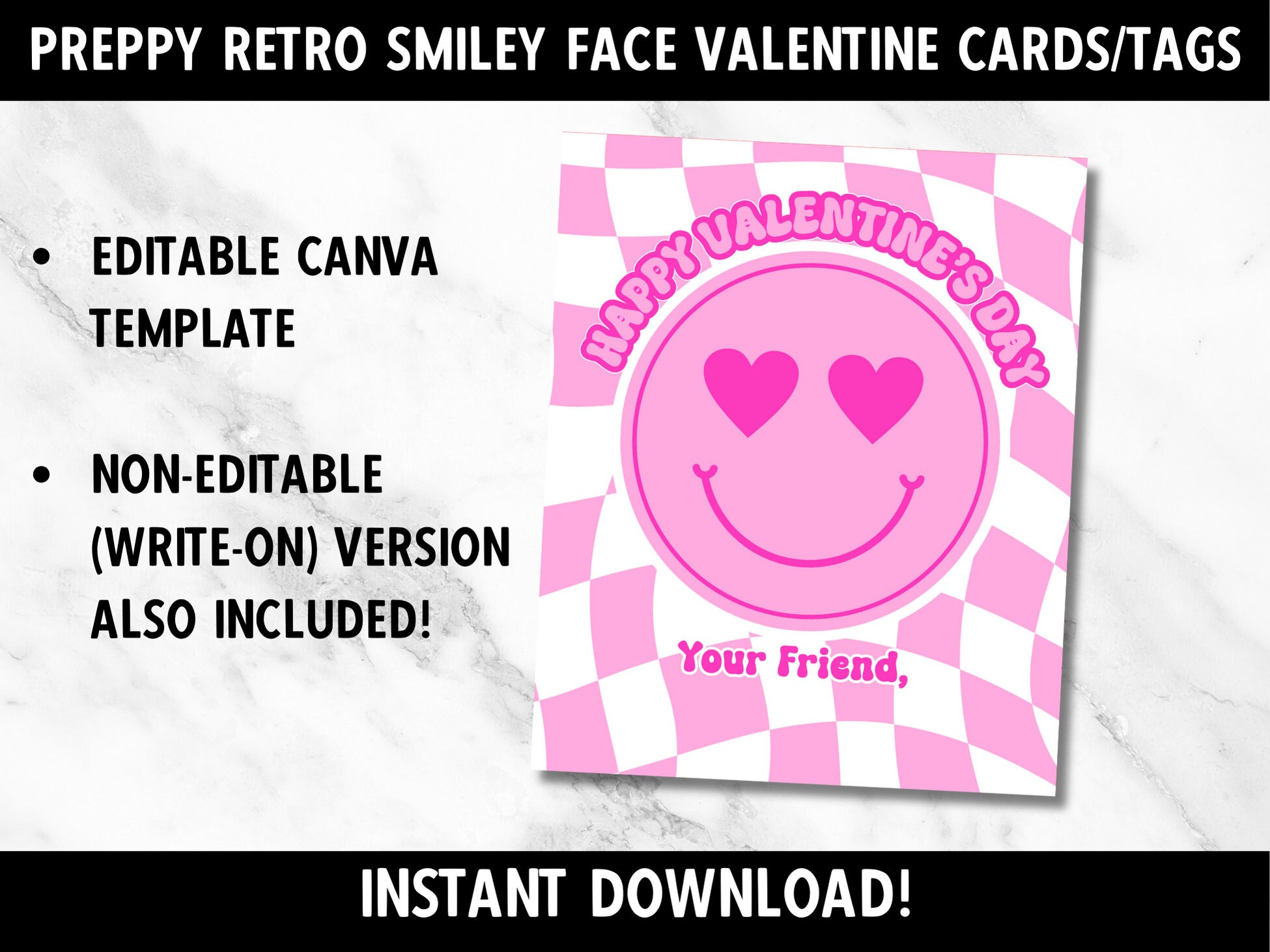 Retro Pink Smiley Face Printable Valentine | Editable | Pink Smiley ...