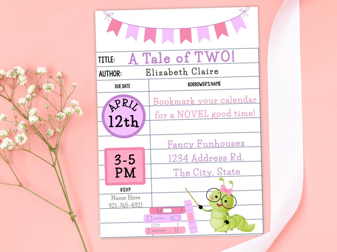 Editable Bookworm Birthday Invitation Girl – Soft Pink & Purple ...