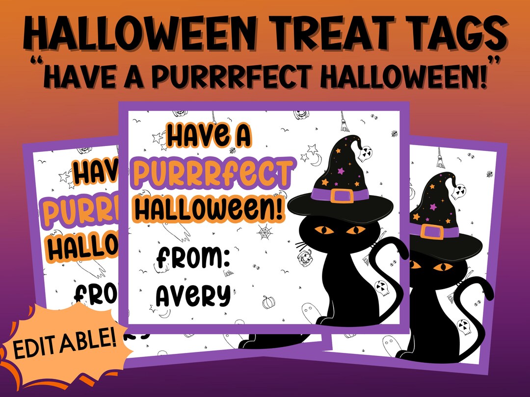 PURRRFECT Printable Editable Halloween Tag | Treat Bag Tag | Gift Tag ...