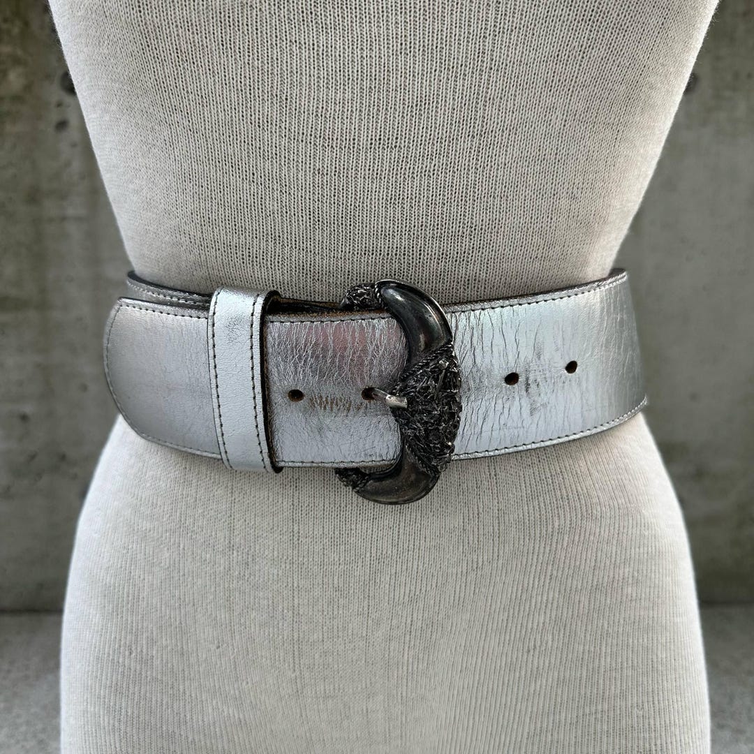 Vintage Kudos Belt, 90s Silver Metallic Wide Leather Belt, Sculptural ...