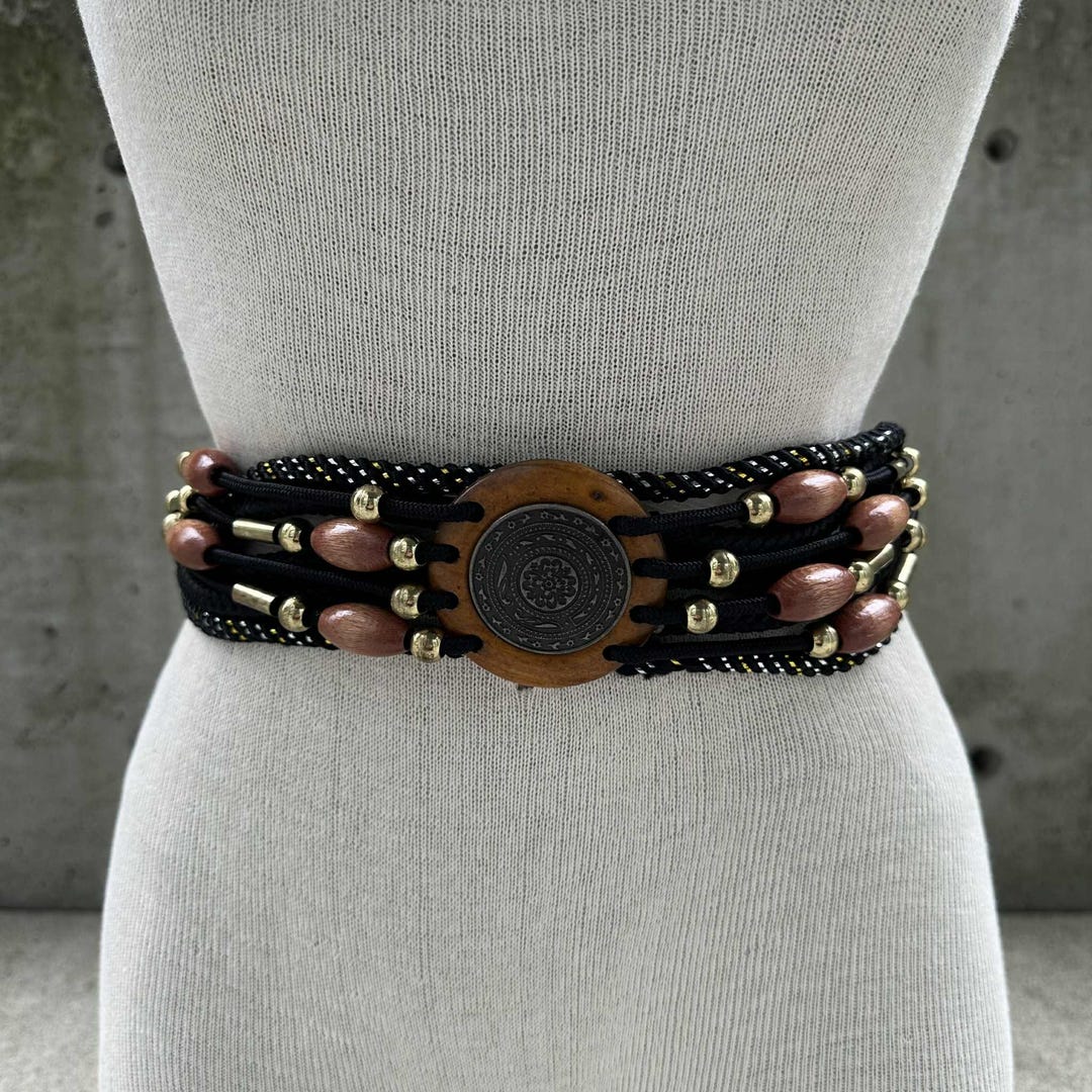 80s Black Boho Rope Belt Embellished With Wooden Beads, Silver Tone ...