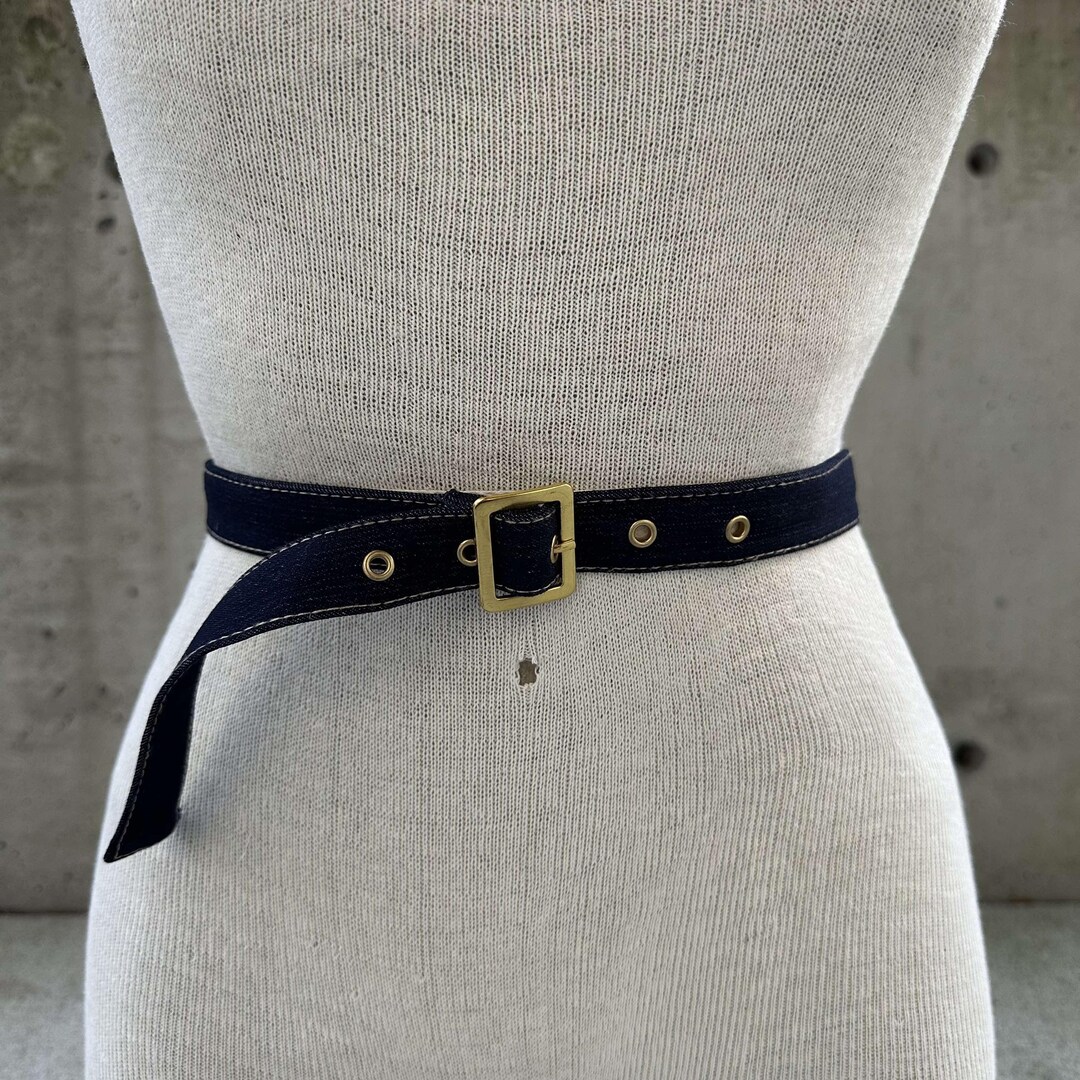 Y2K Dark Blue Denim Belt, Dainty Blue Jeans Belt, Gold Tone Buckle and ...