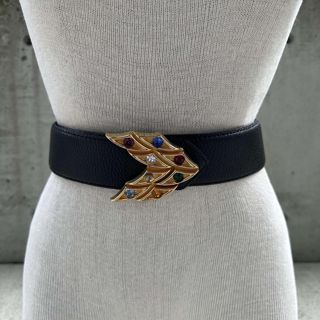 80s Laure De France Belt, Black Synderme Leather, Chunky Gold Tone ...