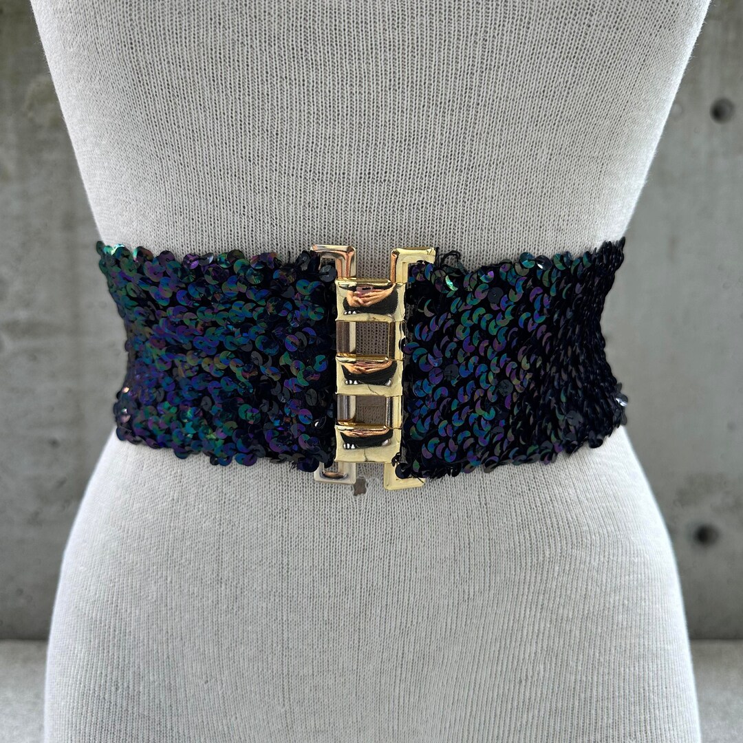 Vintage Iridescent Black Sequined Stretchy Belt, 80s Sequins Cummerbund ...