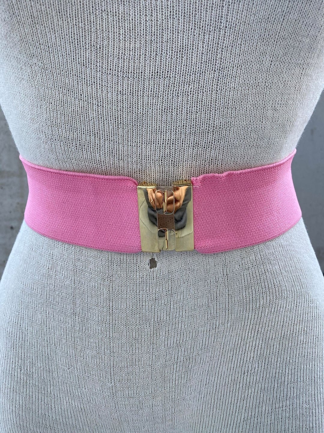 80s Bubblegum Pink Elastic Belt, Vintage Stretch Cinch, Mirror Gold ...