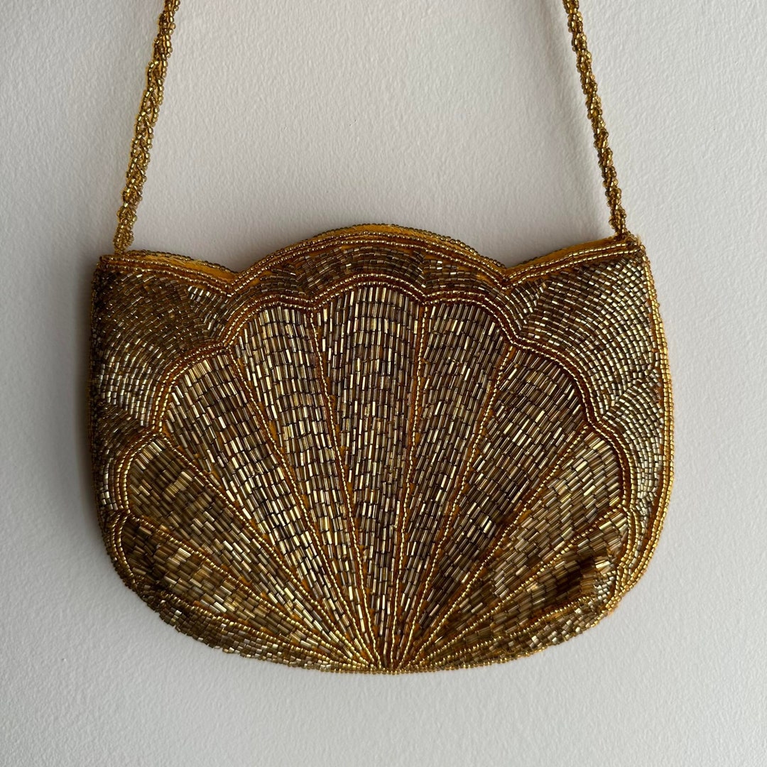 Vintage Gold Tone Beaded Clam Shell Purse, Beaded Scalloped Crossbody ...