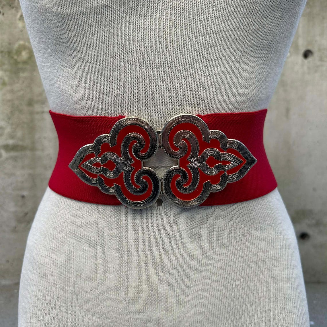 80s Red Wide Stretch Belt, Red Enamel and Silver Tone Scroll Buckle ...