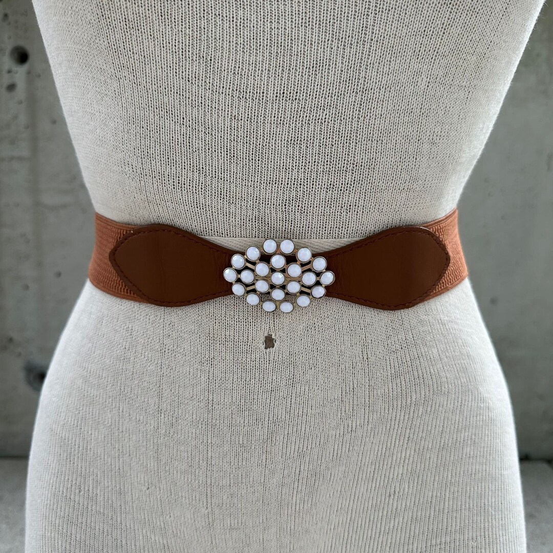 90s Brown Elastic Belt With White Cluster Buckle, Abstract Buckle ...