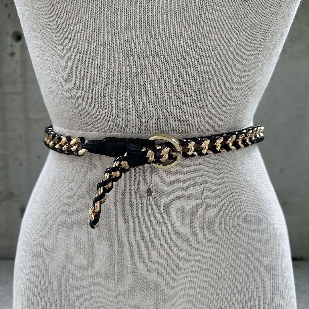 Vintage Gold/black Chain Belt, 90s Vinyl Braided Belt, Gold Tone Buckle ...