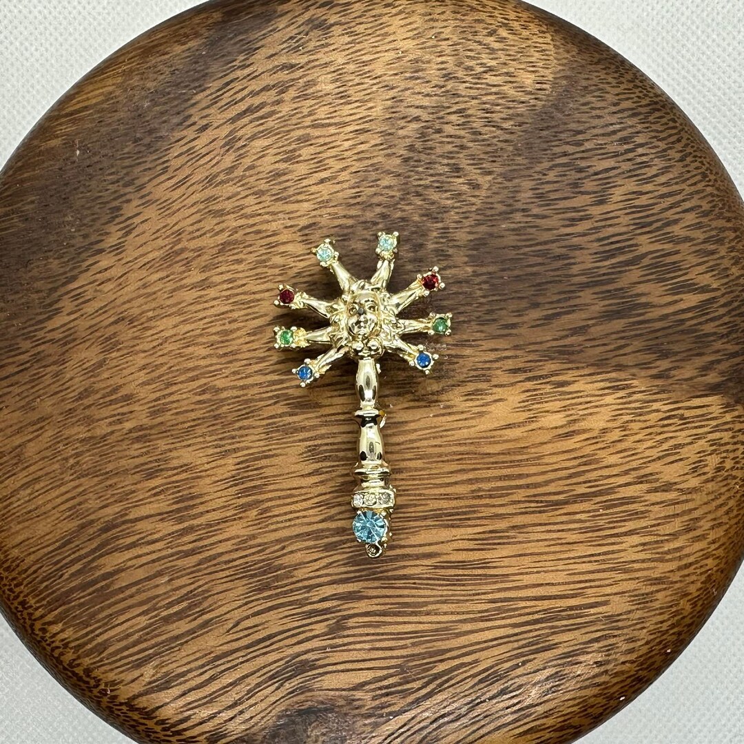 80s Gold Tone and Rhinestones Magic Wand Brooch, Vintage Statement ...