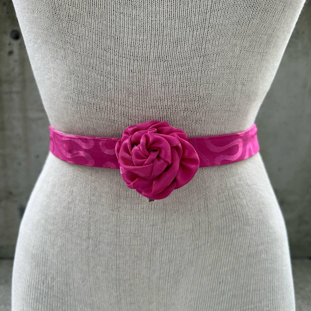80s Barbie Pink Fabric Belt, Floral Silk Waistband, 3D Rosette Buckle ...