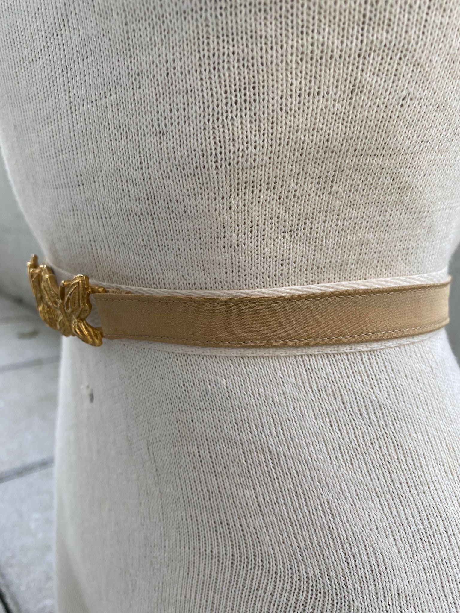 80s Khaki Thin Belt, Golt Tone Butterflies Buckle, Minimalist Style ...