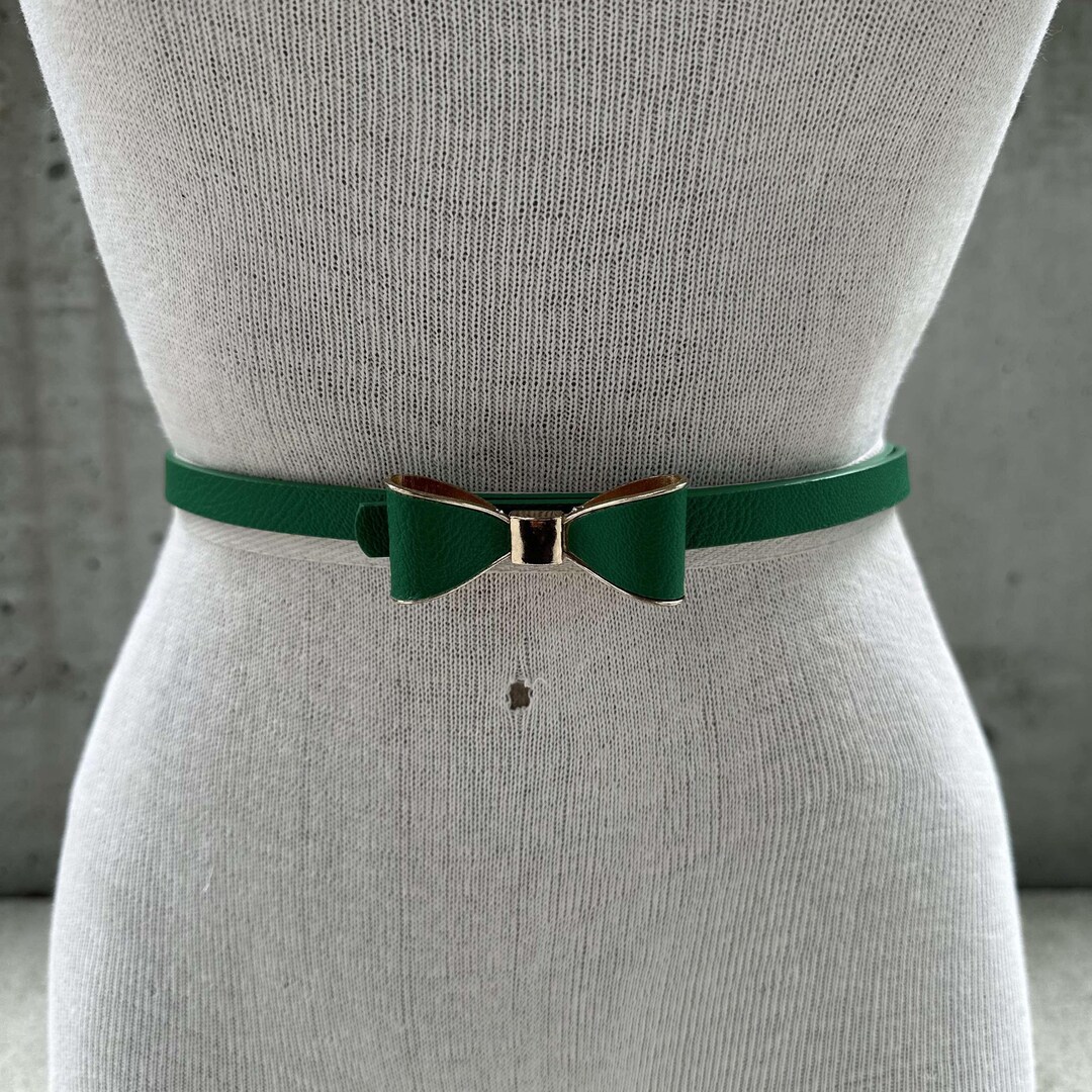 Y2K Green Belt, Vintage Dainty Belt, Green and Gold Tone Bow Buckle ...