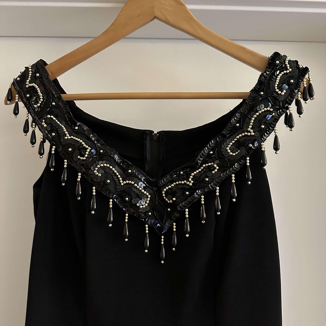 90s Dollar USA Dress, Black off the Shoulder Beaded Long Dress, Elegant ...
