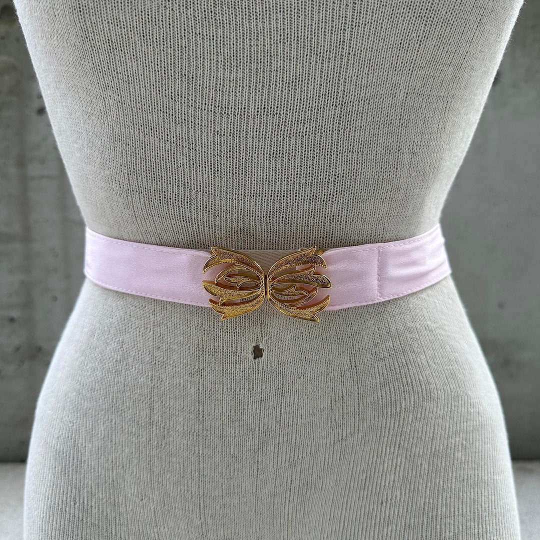 90s Baby Pink Ribbon Belt, Abstract Gold Tone Buckle, Bridal ...