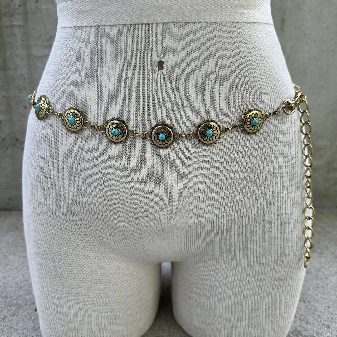90s Southwestern Style Concho Belt With Faux Turquoise Bead, Gold Tone ...