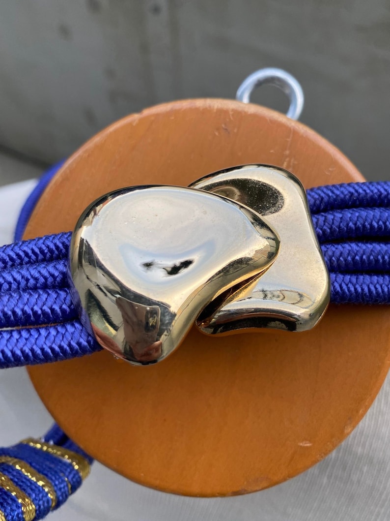 Vintage Blue Elastic Rope Belt, Mirror Gold Tone Buckle, Blue and Gold ...