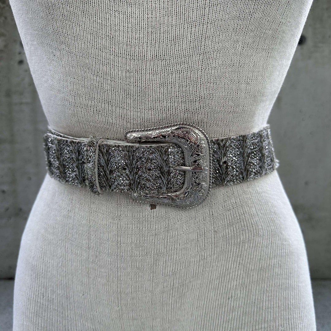 90s Silver Tone Embroidered Belt With Sequins, Silver Tone Floral ...