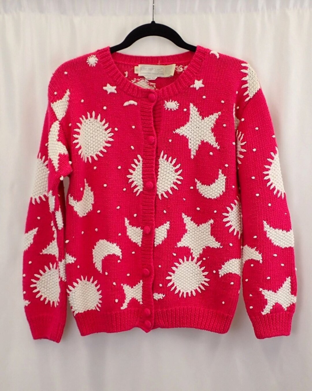 1990 the Eagles Eye Hand Knit Sweater, Hot Pink Celestial Cardigan, Sun Stars and Moons, Novelty ...