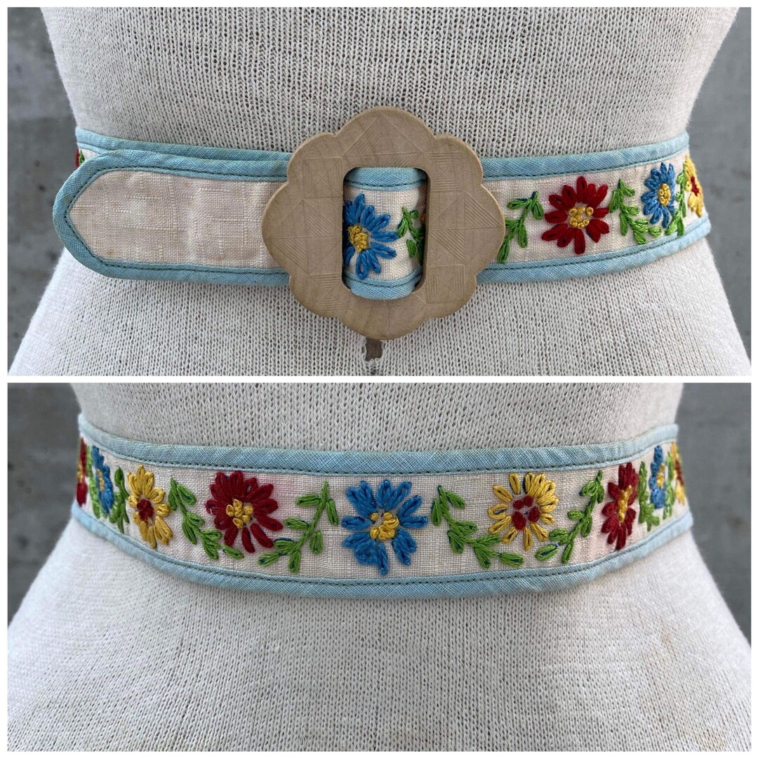 Vintage Floral Embroidery Belt, 80s Beige and Baby Blue Fabric Belt ...