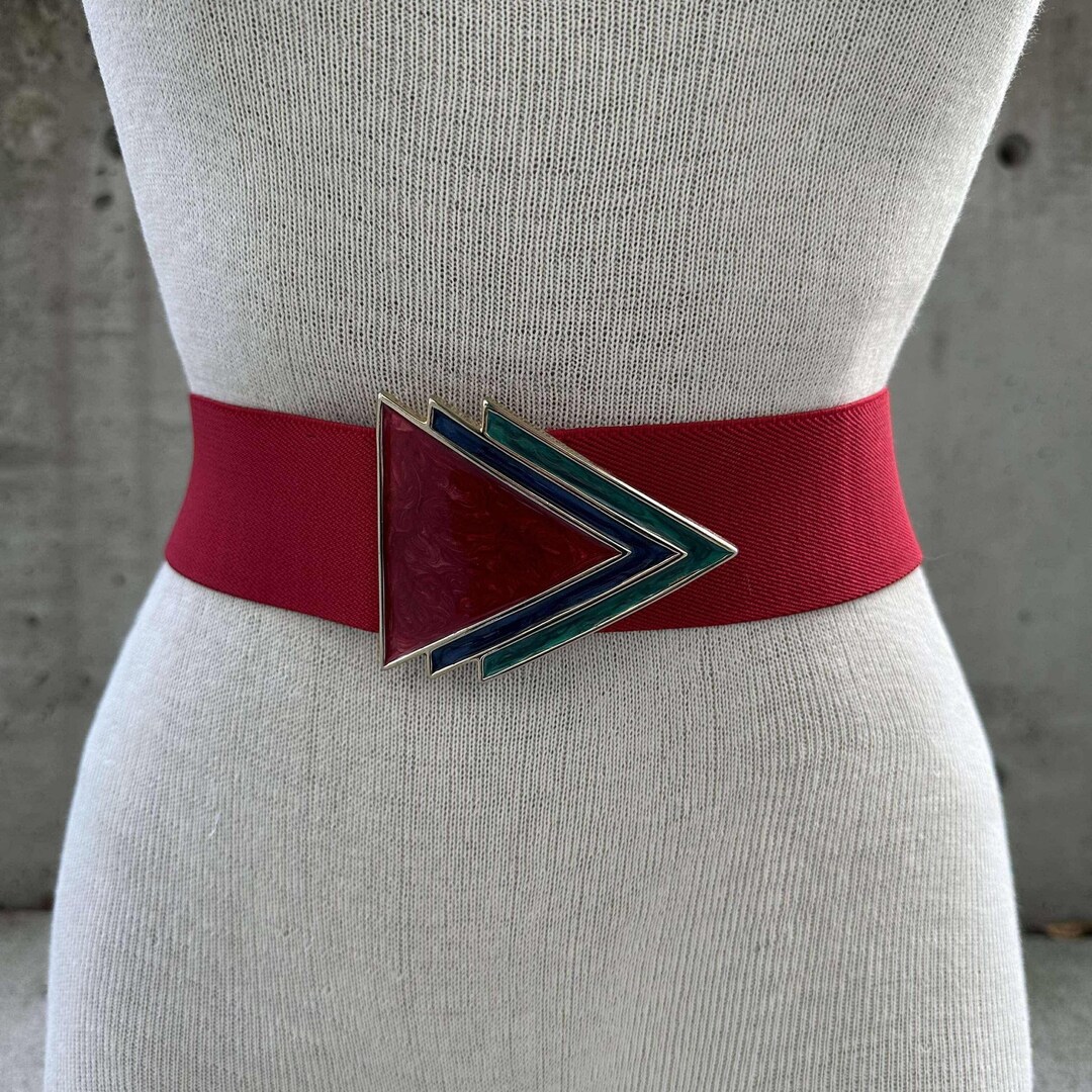 80s Nan Lewis Elastic Belt, Red Cinch Belt, Layered Triangle Enamel ...