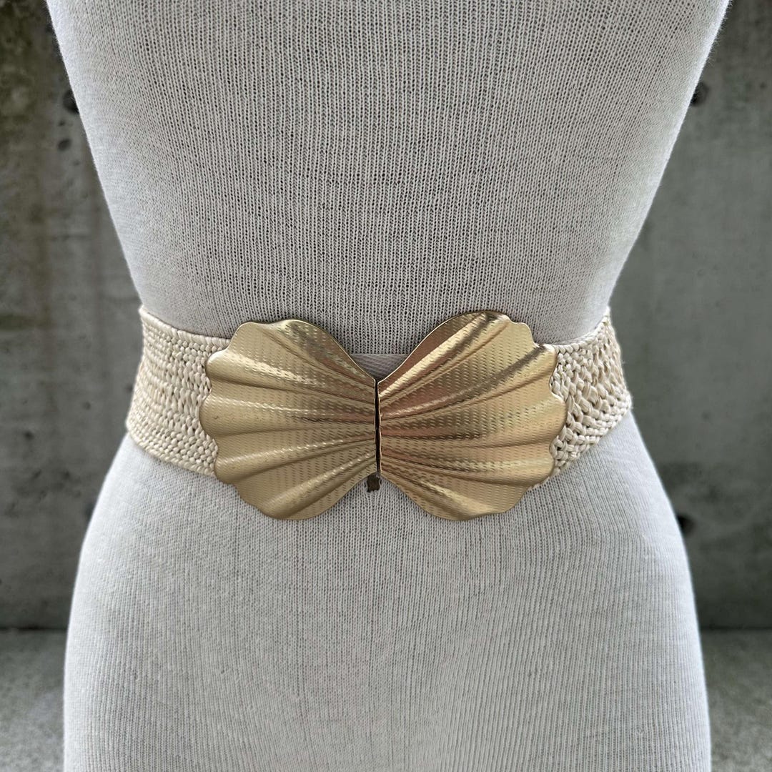80s Elasticated Raffia Belt, Gold Tone Scallop Shells Buckle ...