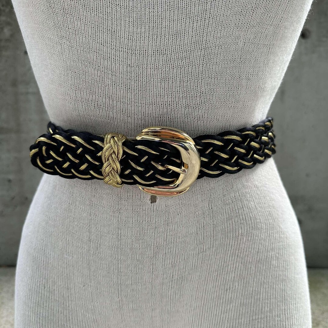 Vintage 90s Black and Gold Braided Belt, Gold Tone Buckle, Luxurious ...
