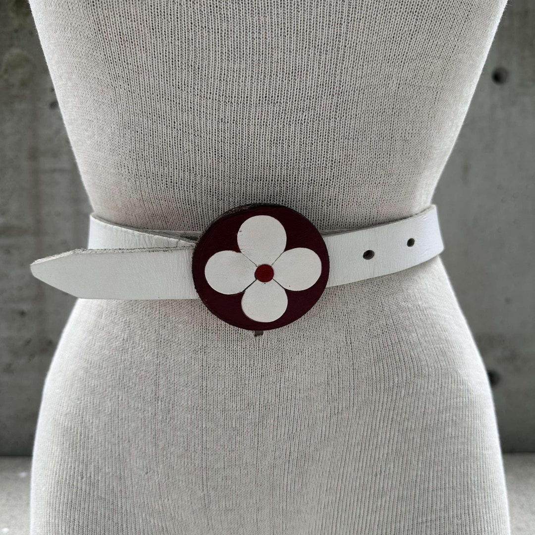 80s Noahs Art off White Leather Belt, Burgundy Circular Covered Buckle ...
