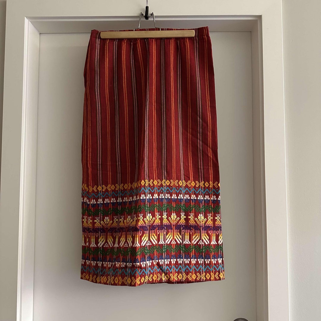 70s Handwoven Guatemala Skirt, Red and Rainbow Patterns, Floral and ...