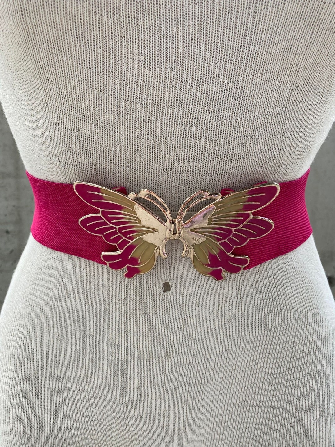 80s Pink Stretch Waist Belt, Enamel Gold Tone and Pink Butterfly Buckle ...
